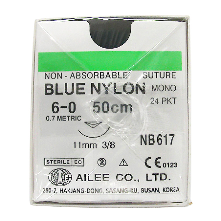 [아이리] 나일론 봉합사 각침 6/0 (블루/50cm, 11mm, 3/8Circle, 24개, NB617/비흡수성)