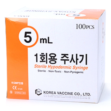 [한국백신] 일회용 주사기 5cc (23G, 1인치, 100개)