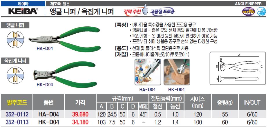 [KEIBA] 니퍼 HA-D04 (4인치, 45˚앵글형)