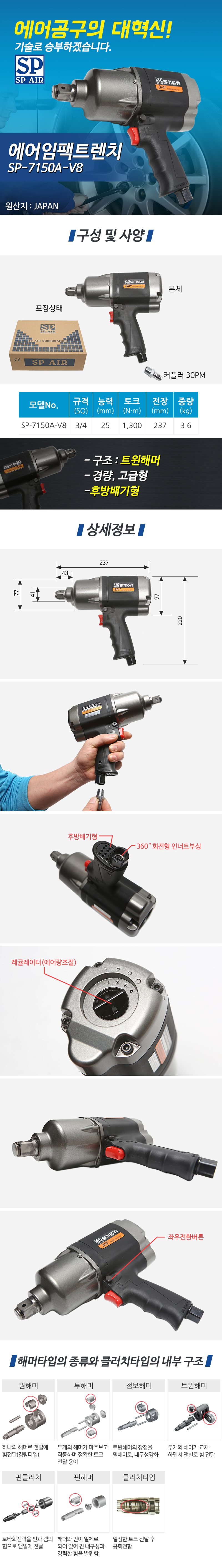 [SP에어] 에어임팩트렌치 SP-7150A-V8(=SP-7150) 3/4SQ 고급형