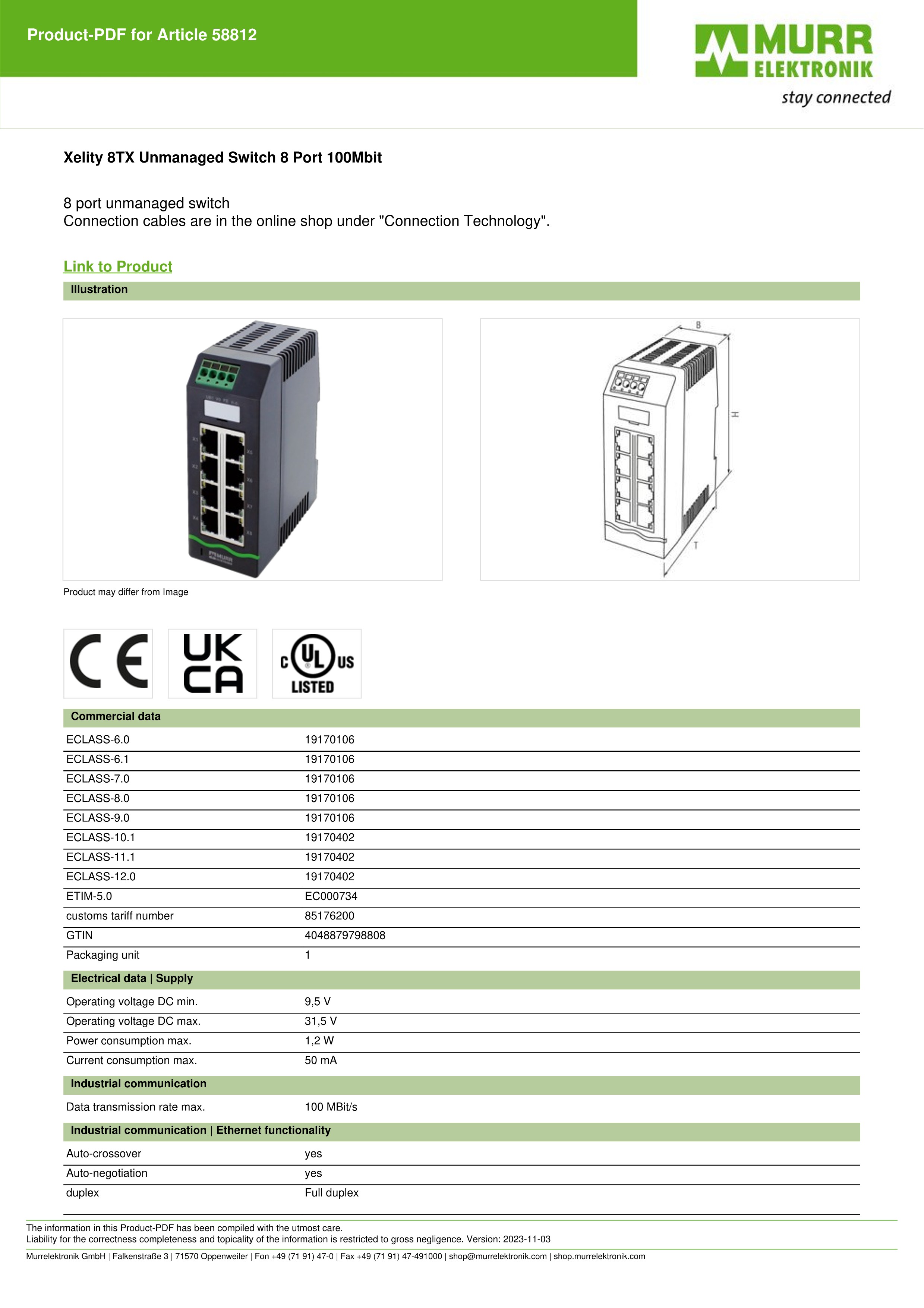 [무어(MURR)] 스위칭 허브 58812 (8포트, RJ45, Switch/HUB)